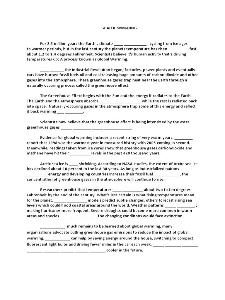 FitB Global Warming Listening Session Text Fill in The Blanks | PDF ...