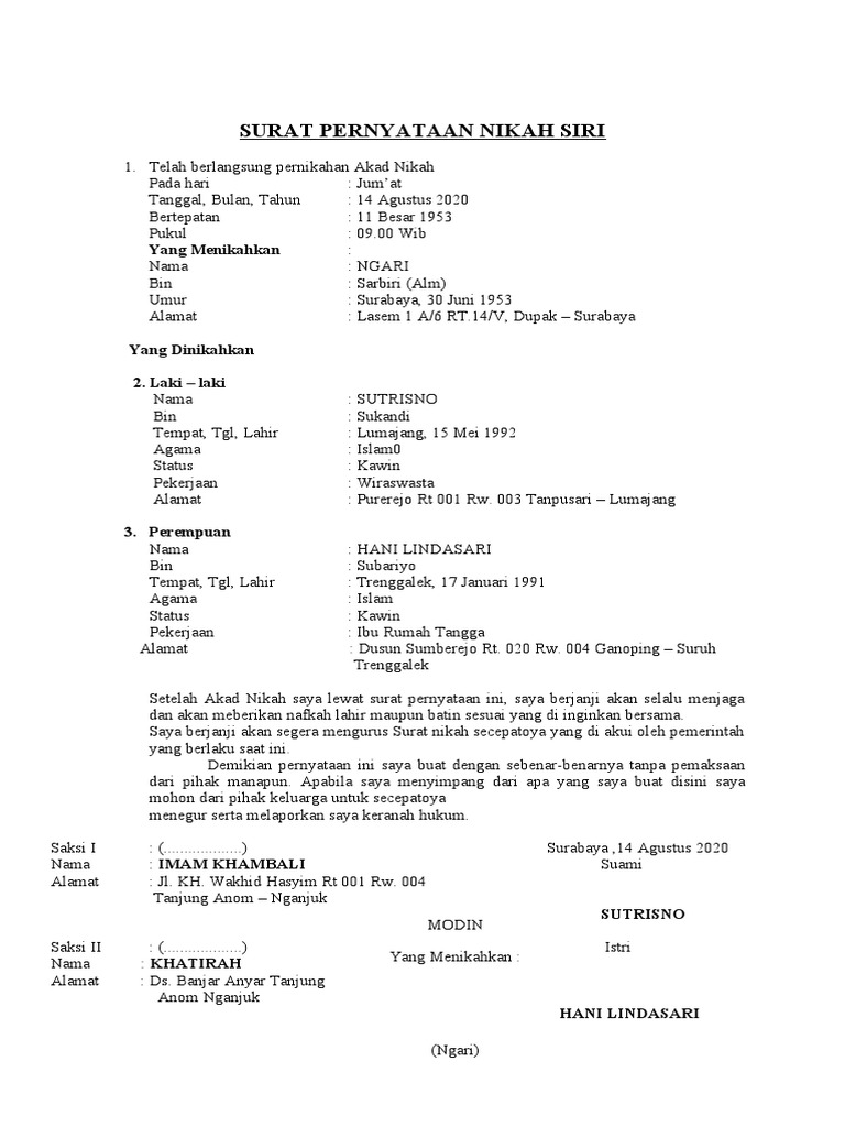 CONTOH SURAT Nikah Siri | PDF