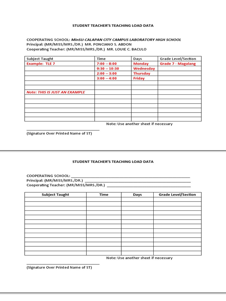 Student Teacher Teaching Load Template | PDF | Career & Growth | Wellness