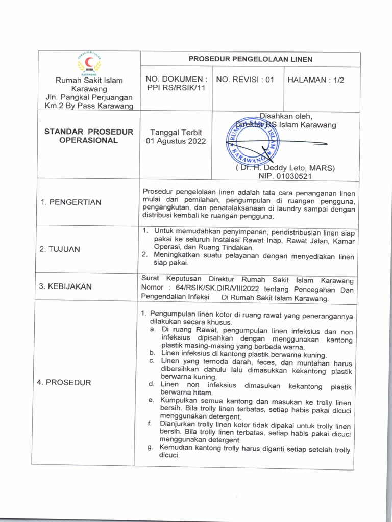 SPO Prosedur Pengelolaan Linen | PDF