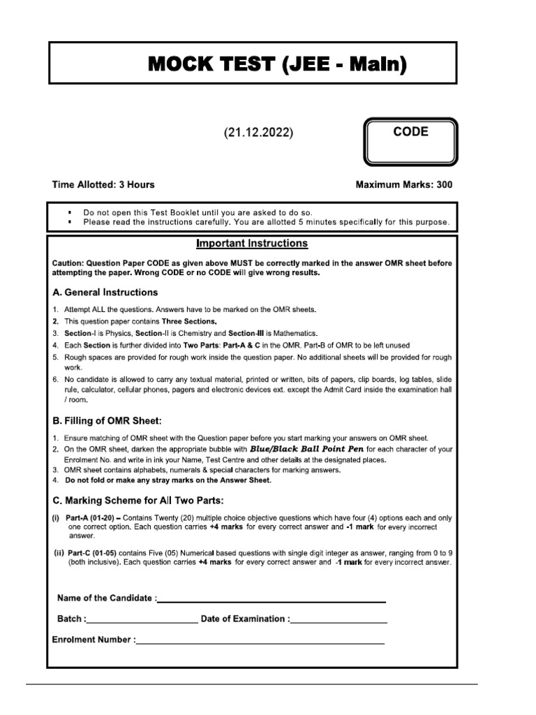 JEE Main Mock Test - Glorifire (21.12.2022) | PDF