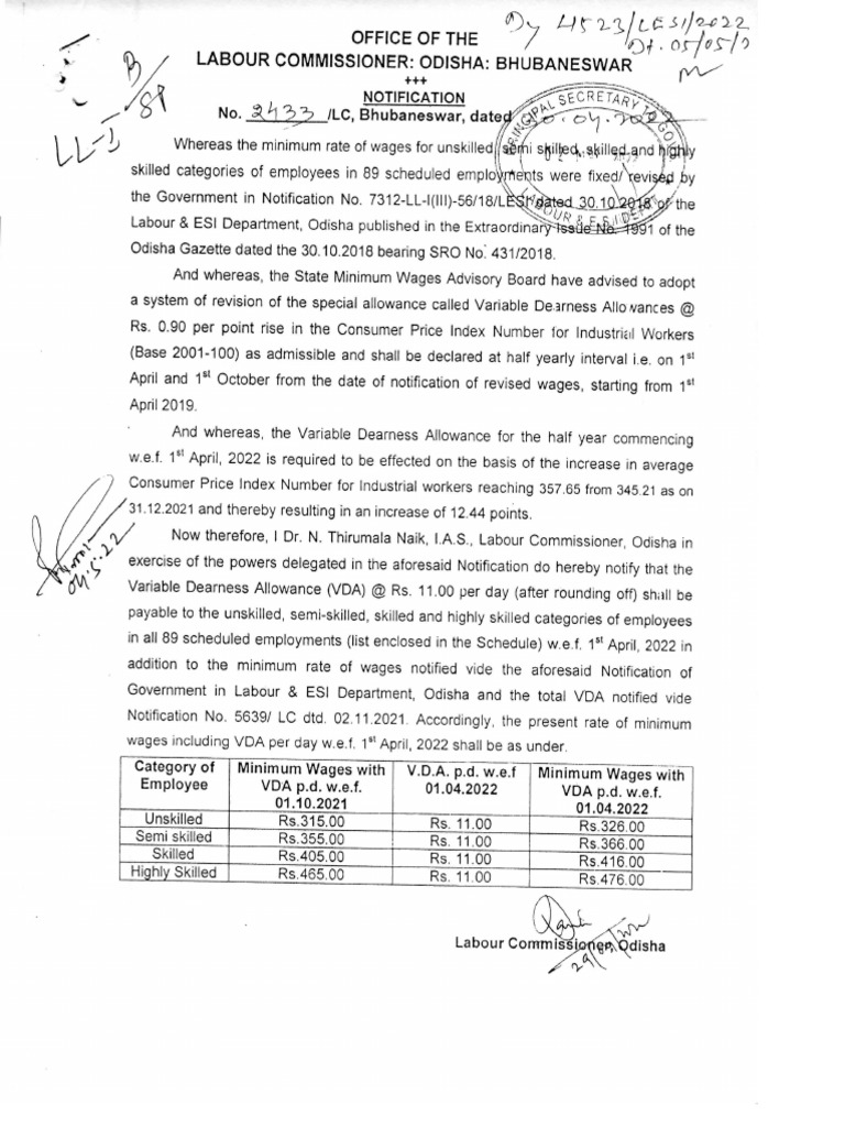 Minimum Wages Rate Odisha | PDF