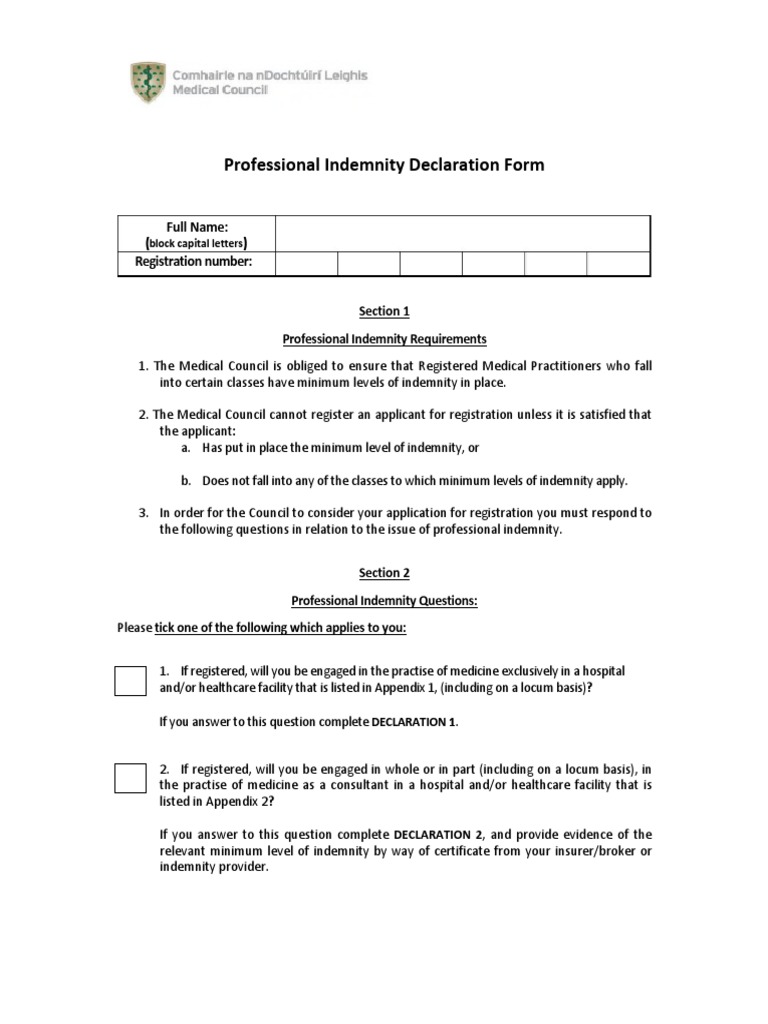 Professional Indemnity Declaration Form 2021 | PDF | Medicine | Physician