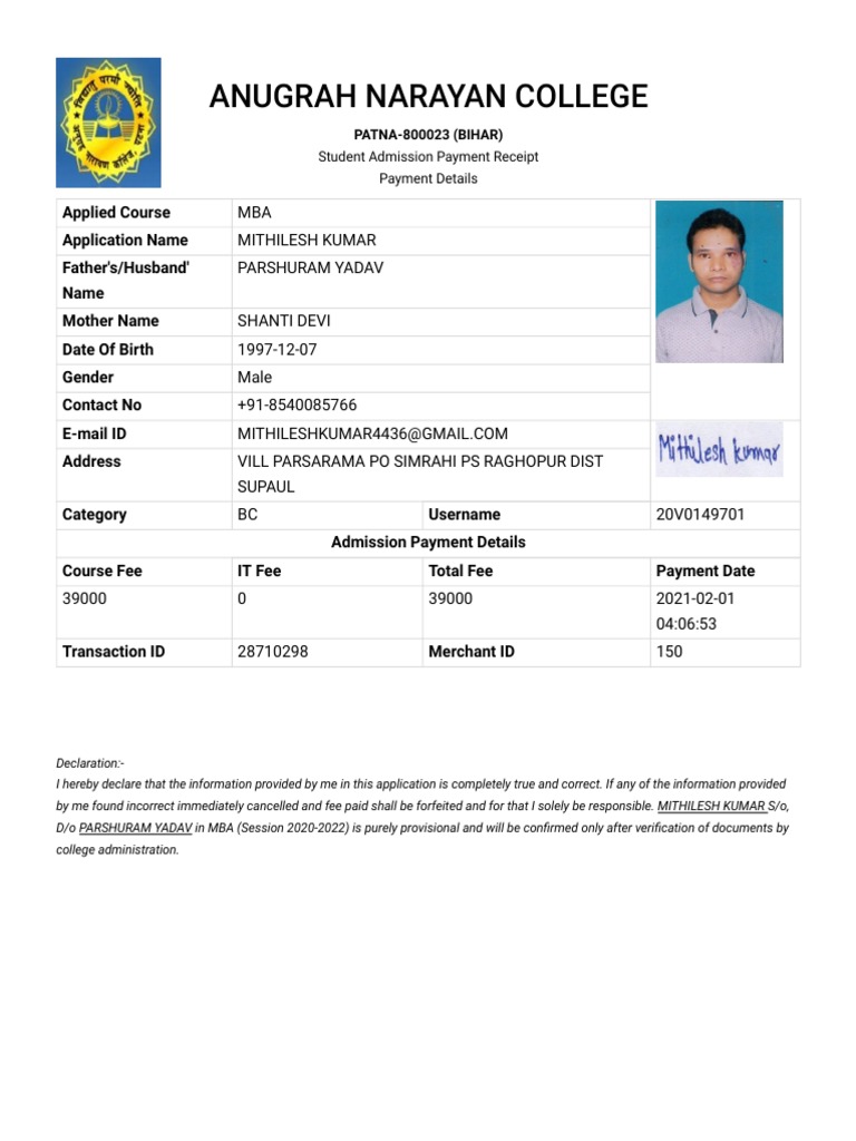 Student Admission Payment Receipt for Mithilesh Kumar's Enrollment in ...