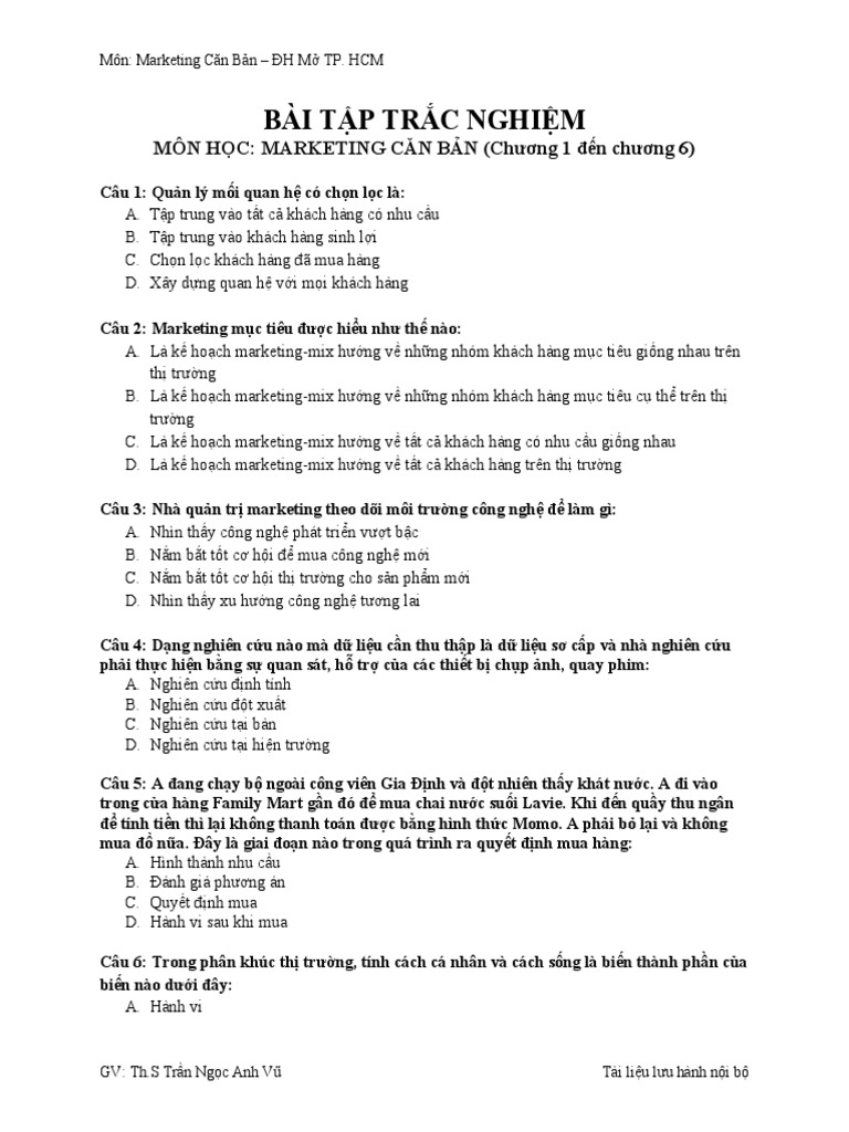 Bai Tap Trac Nghiem MKT Can Ban | PDF