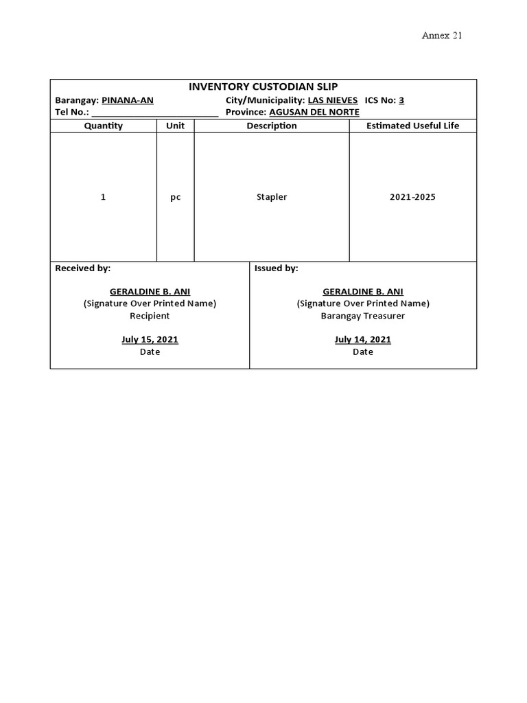 Inventory Custodian Slip Template | PDF