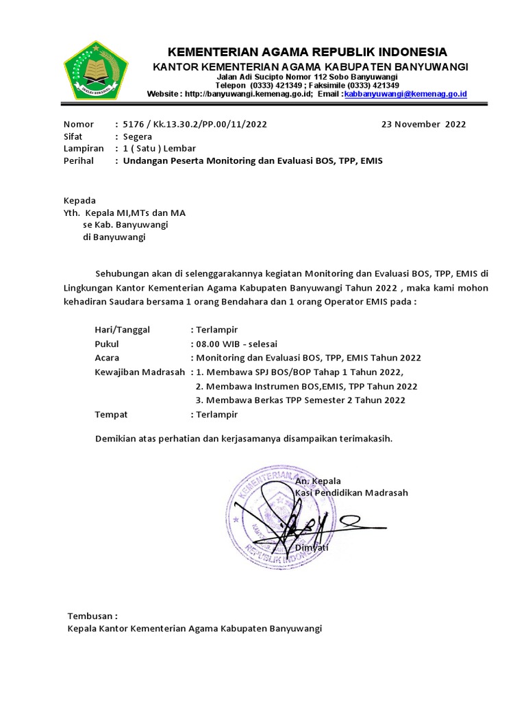 Undangan Monitoring dan Evaluasi BOS TPP EMIS 2022 | PDF