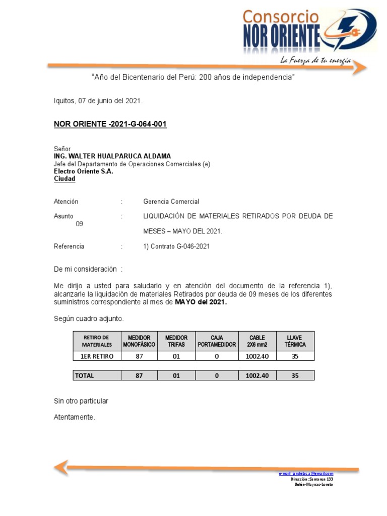 Carta 01 - LIQUIDACION RETIRO DE MATERIALES - MAYO | PDF