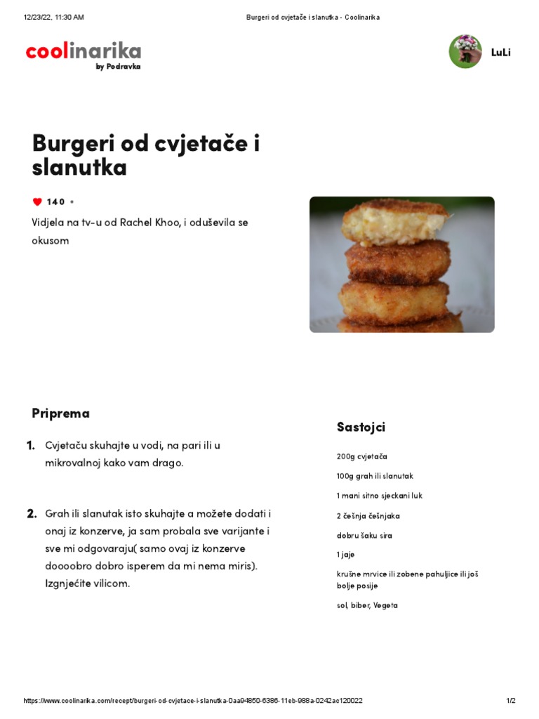 Burgeri Od Cvjetače I Slanutka - Coolinarika | PDF
