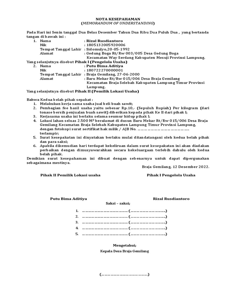 Nota Kesepahaman Lapak Sawit | PDF