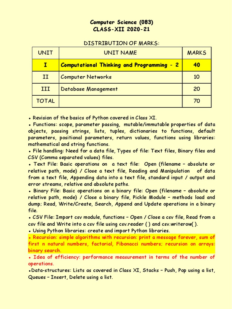 Xii Cs Unit I Part5 Recursion 2020 21 Pdf Subroutine Computer File 