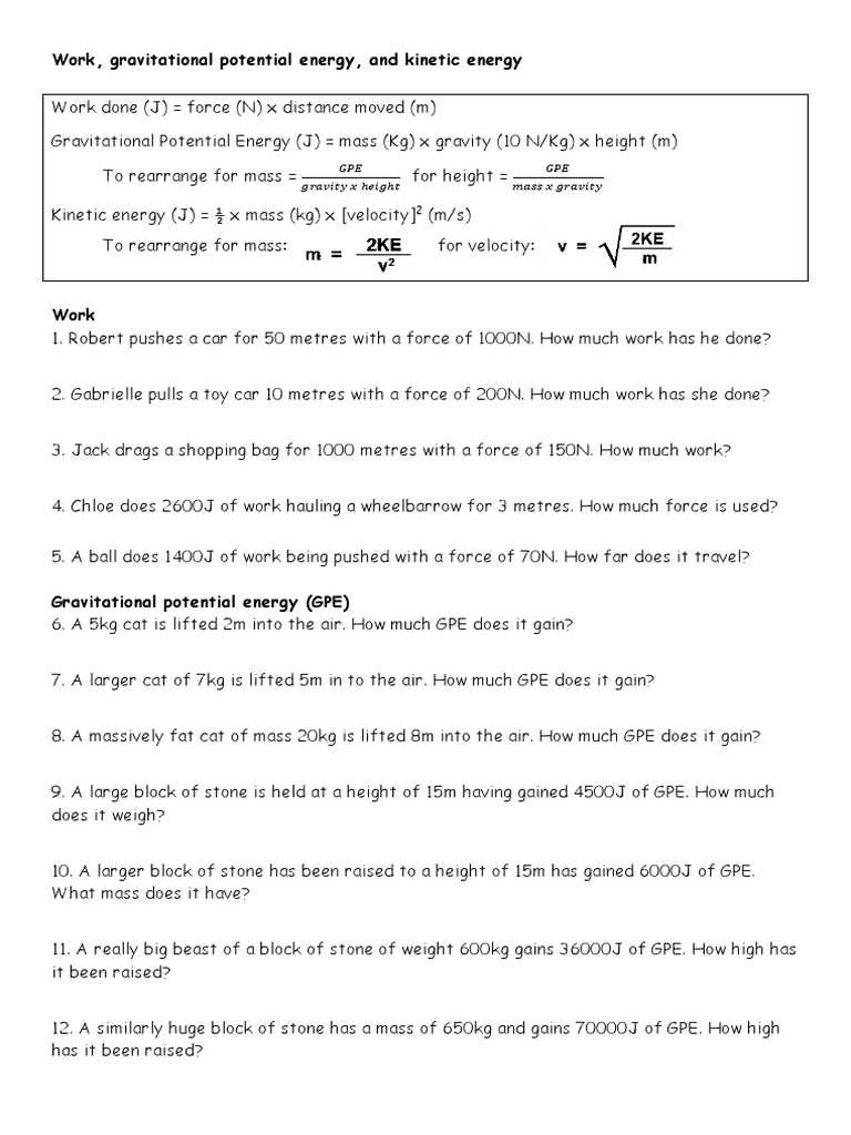 Work-GPE-KE-questions and Mark Scheme | PDF | Force | Potential Energy