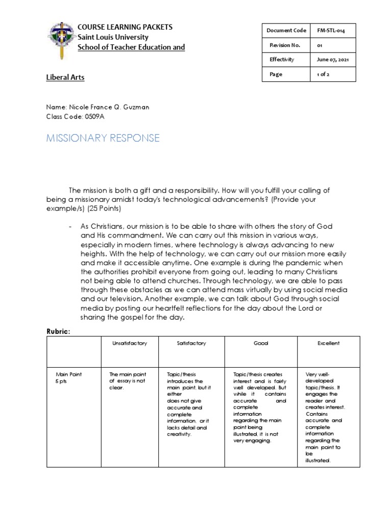 GUZMAN - CFE 103 - Module 3, Lesson 1 - Missionary Response | PDF ...