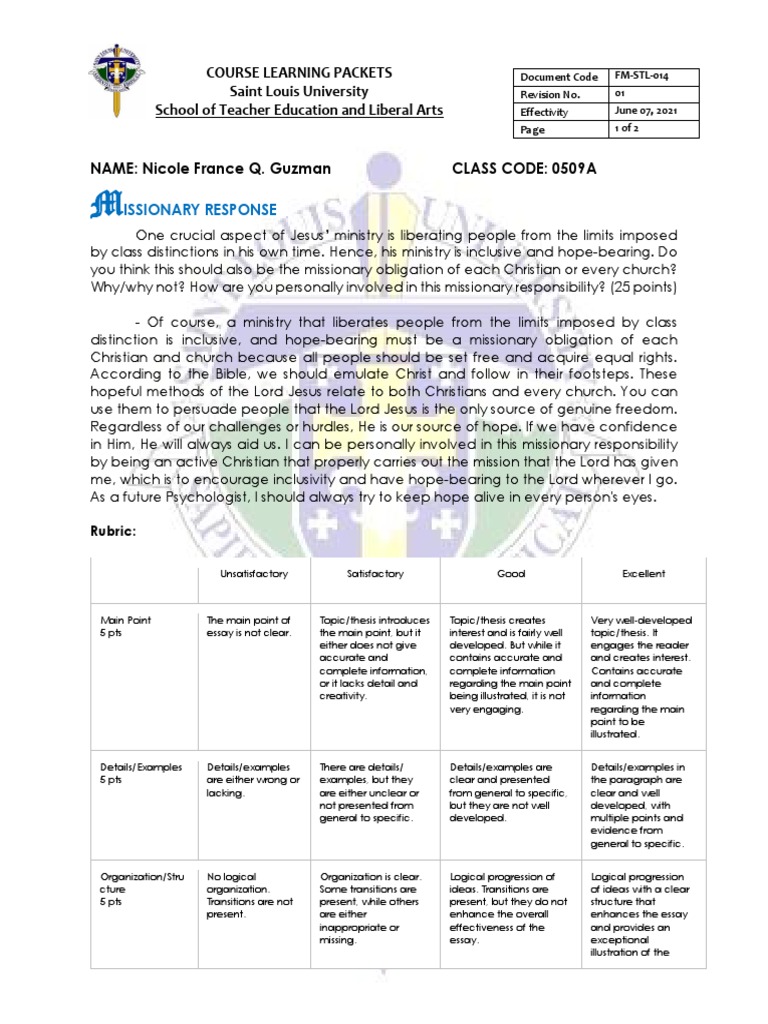 CFE 103 - Module 2, Lesson 4 - Missionary Response | PDF | Essays ...