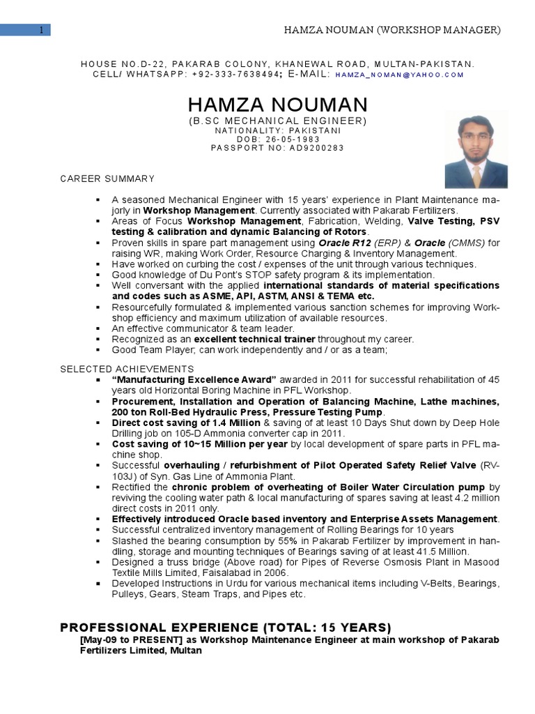 CV Hamza wORKSHOP eNGINEER | PDF | Pump | Bearing (Mechanical)