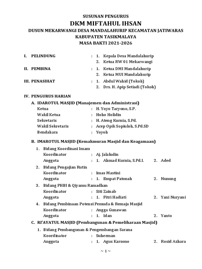 Susunan Pengurus DKM Miftahul Ihsan Masa Bakti 2021-2026 | PDF