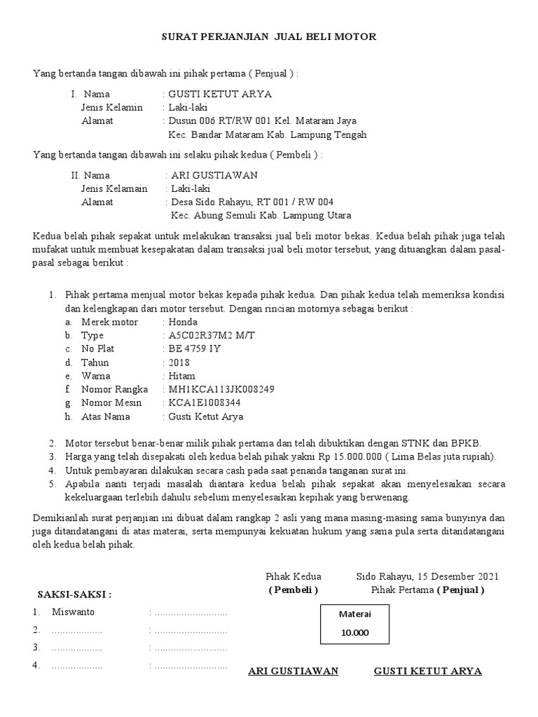 Surat Perjanjian Jual Beli Motor Bermaterai | PDF
