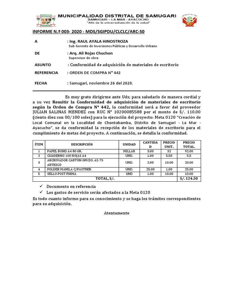 INFORME #003 Conformidad A La Adquisición de Materiales de Escritorio | PDF