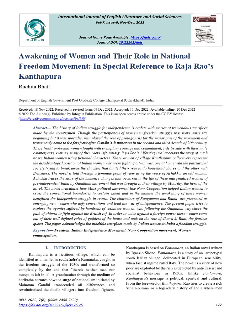 Awakening of Women and Their Role in National Freedom Movement: in Special Reference To Raja Rao ...