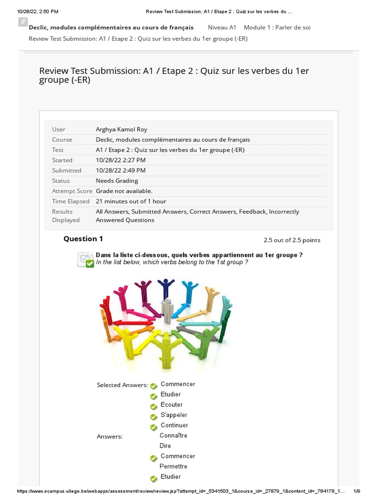 Review Test Submission - A1 - Etape 2 - Quiz Sur Les Verbes Du .. | PDF ...