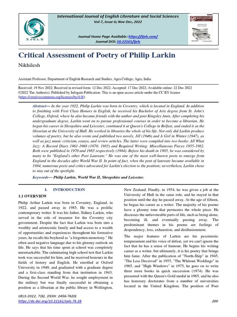 Critical Assessment of Poetry of Philip Larkin | PDF | Poetry