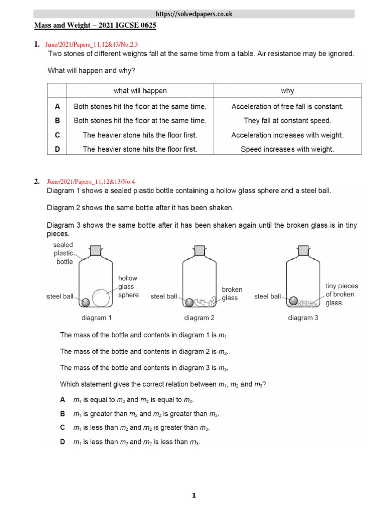 Mass and Weight Concepts Explained Through Detailed Examples and Past ...
