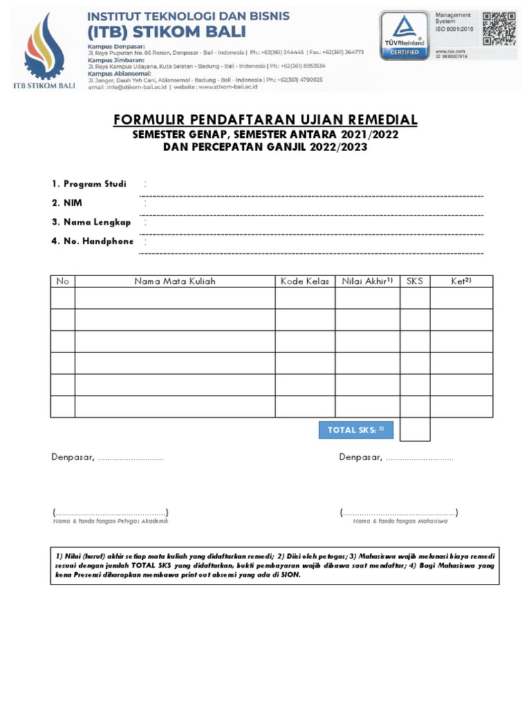 Form Pendaftaran Remedial | PDF