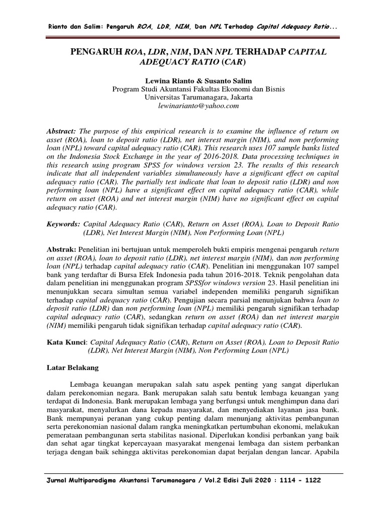 Rianto, Salim 2020 ROA, LDR, NIM, Dan NPL On CAR | PDF