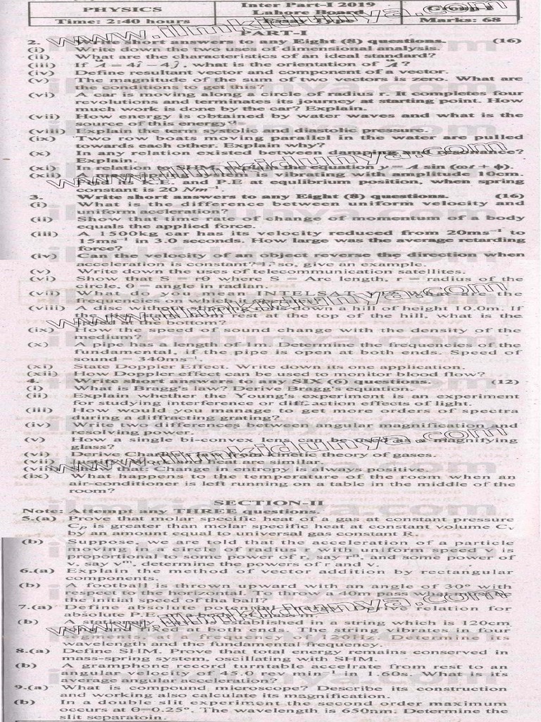 Past Papers 2019 Lahore Board Inter Part 1 Physics Group I Subjective ...