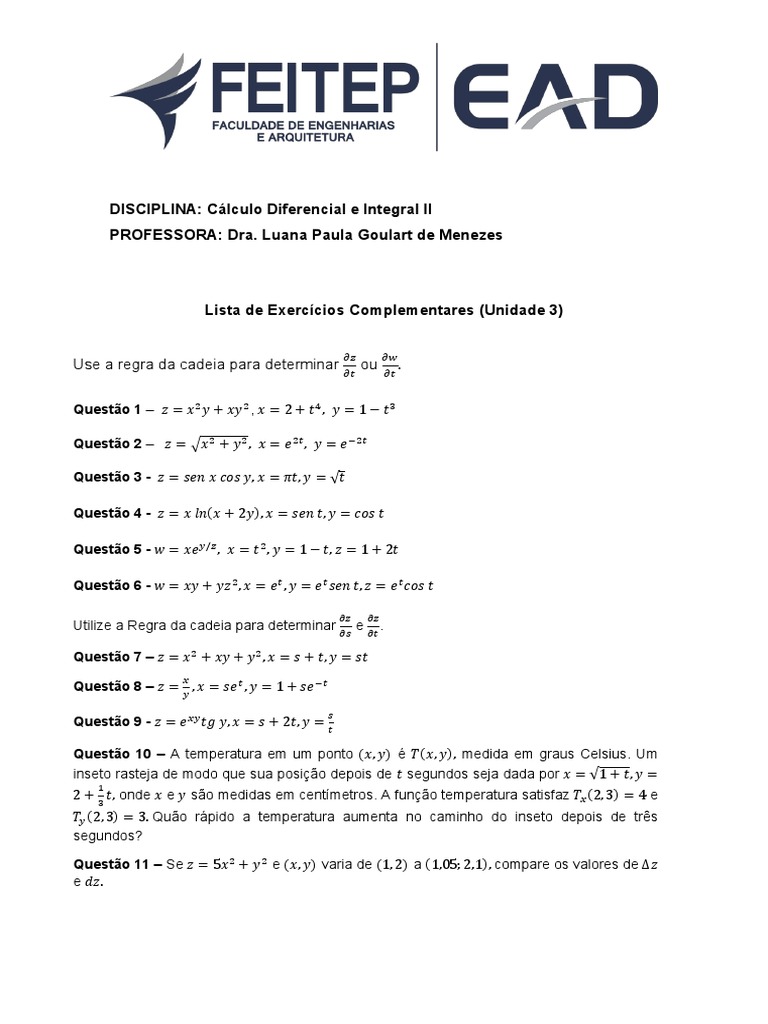 Cálculo II - Cap. 3 - Lista Complementar 3 (Com Gabarito) | PDF | Gradiente | Máxima e mínima