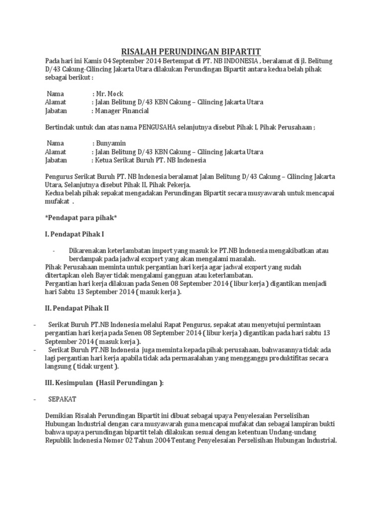 Contoh RISALAH PERUNDINGAN BIPARTIT | PDF | Bisnis | Hukum