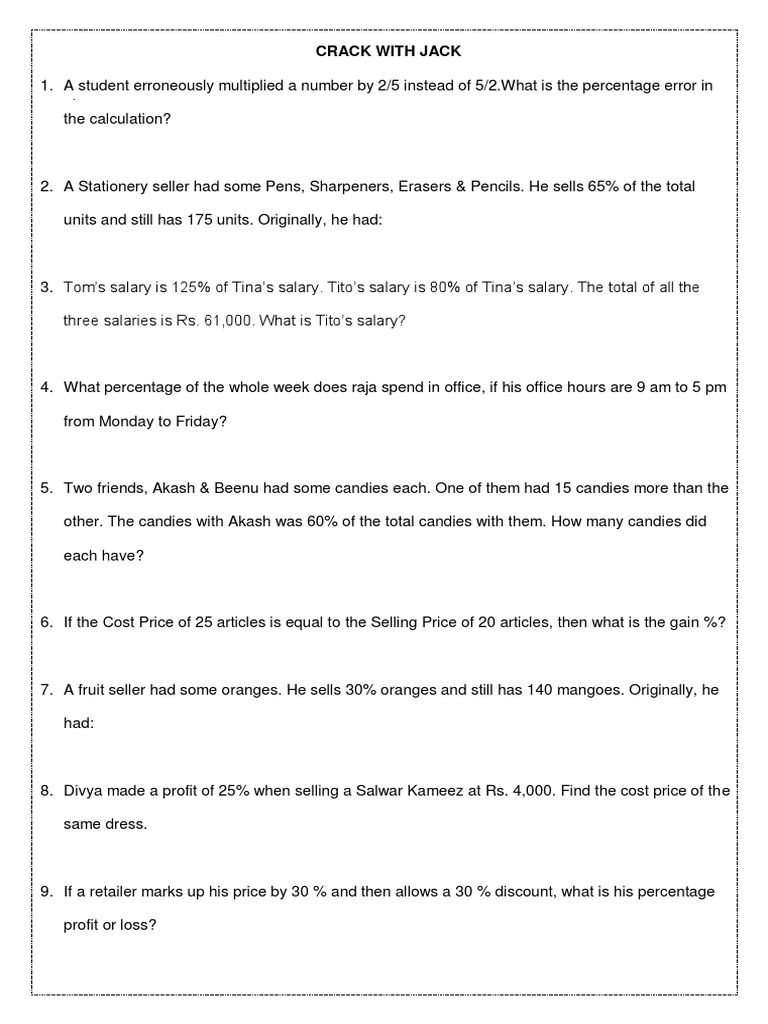 Percentage Calculations, Profits, and Discounts: A Collection of Word ...