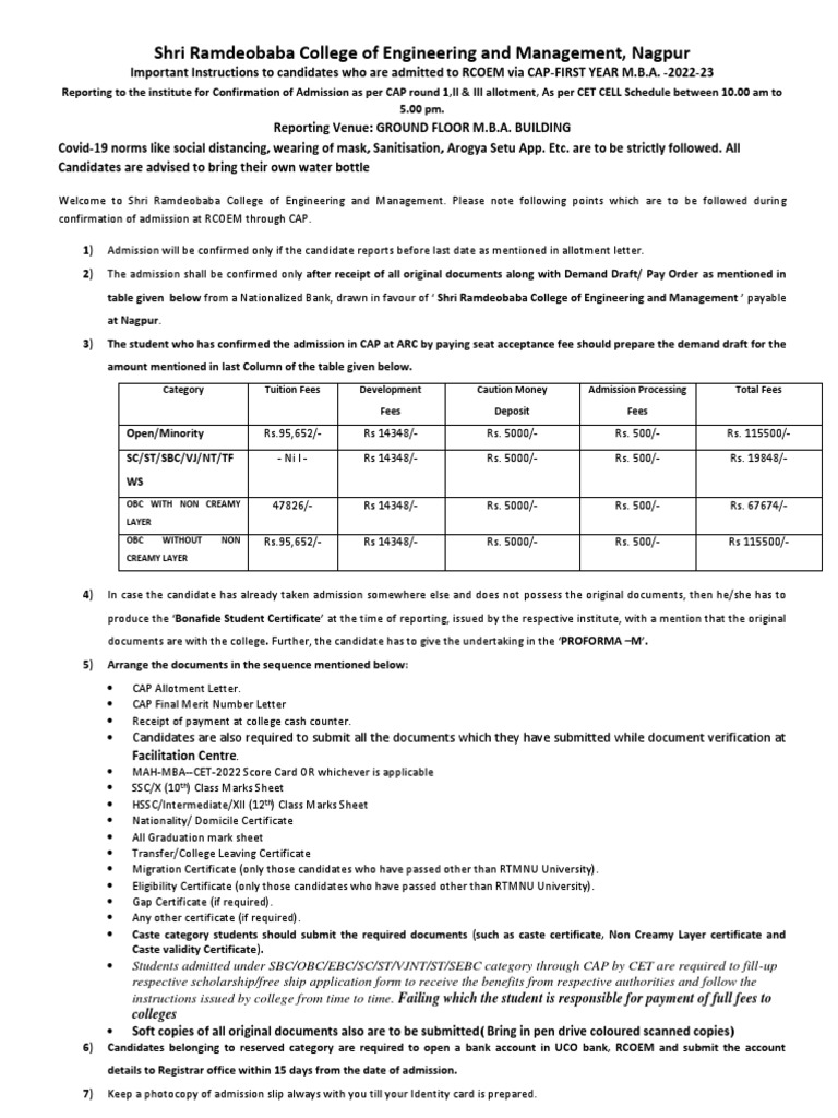 Cap - Instruction To Students - MBA FIRST - YR | PDF