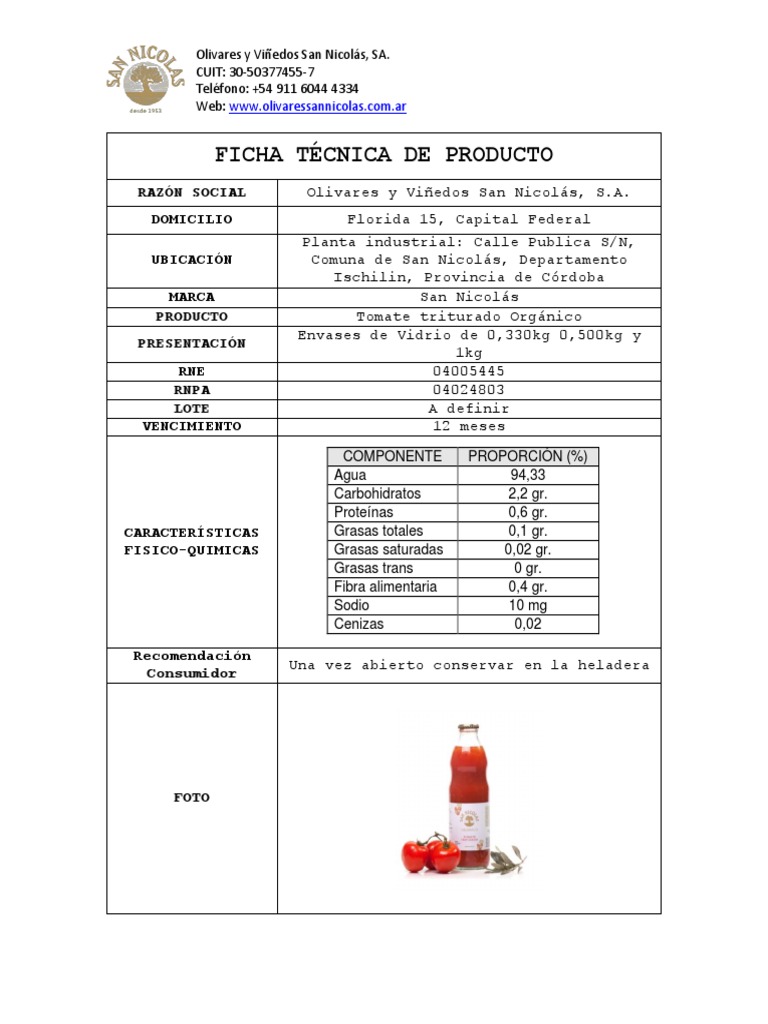 Ficha Tecnica de Producto Tomate Triturado | PDF