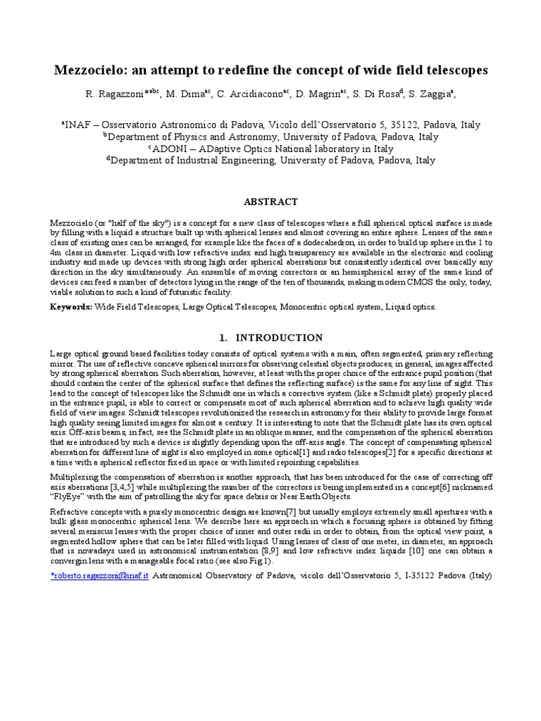 Mezzocielo: Redefining Wide Field Telescopes | PDF | Optics | Atomic
