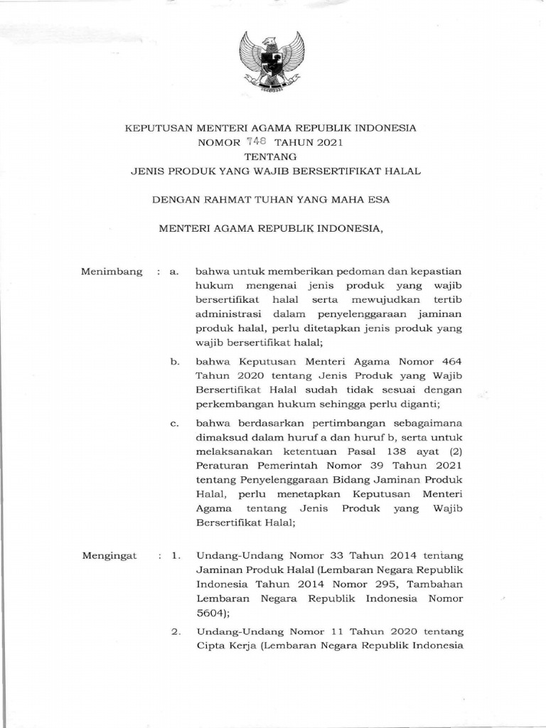 KMA No 748 Tahun 2021 TTG Produk Wajib Sertifikat Halal | PDF