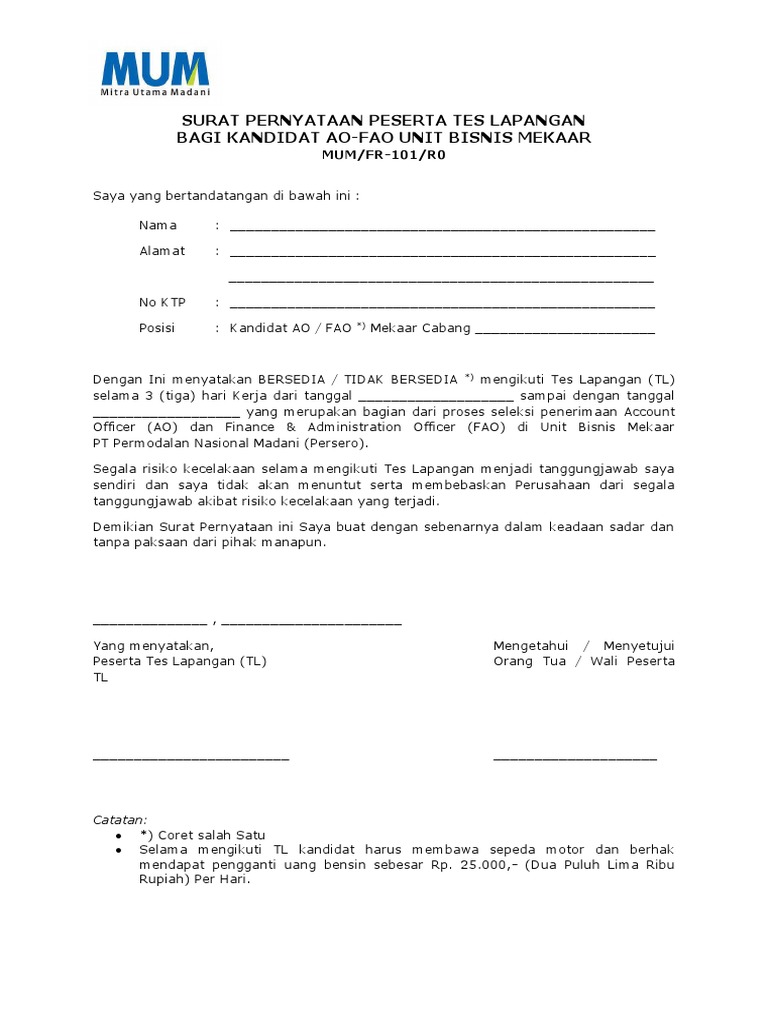 MUM - FR-101 - R0 Formulir Surat Pernyataan Peserta TL | PDF