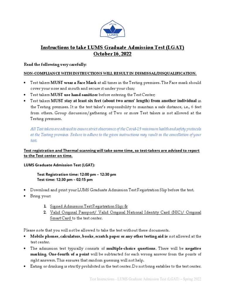 Test Instructions - LGAT - Spring 2022 | PDF | Test (Assessment)