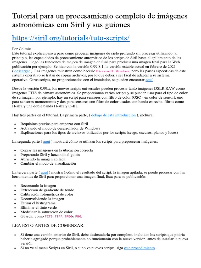 Tutorial para Un Procesamiento Completo de Imágenes Astronómicas Con Siril y Sus Guiones | PDF ...