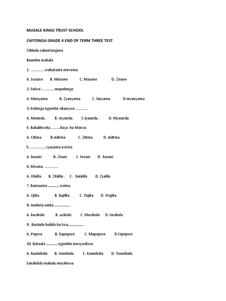 Grade 4 Chitonga Term 3 Test | PDF | Bantu