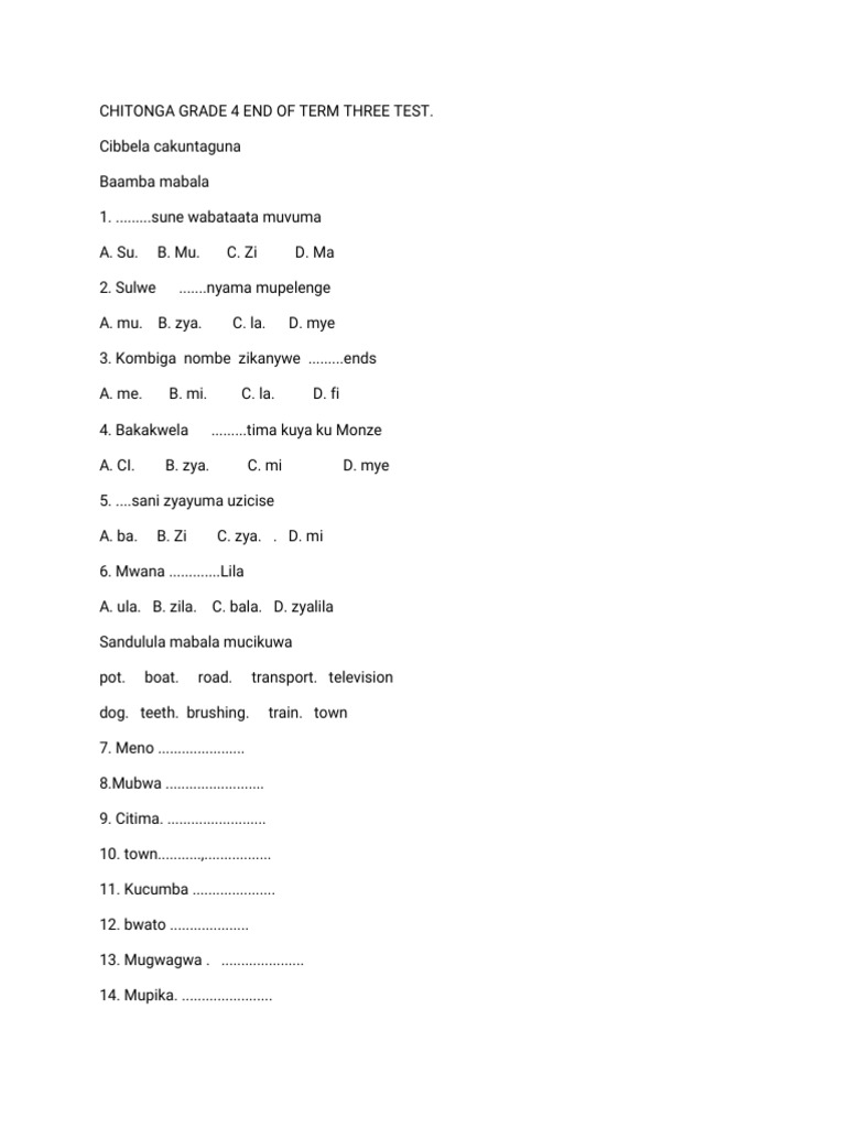Chitonga Grade 4 End of Term Three Test | PDF