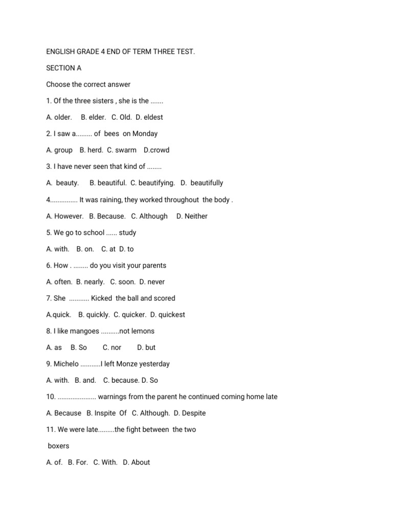 English Grade 4 End of Term Three Test | PDF