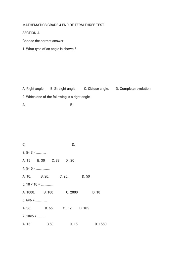 Mathematics Grade 4 End of Term Three Test | PDF
