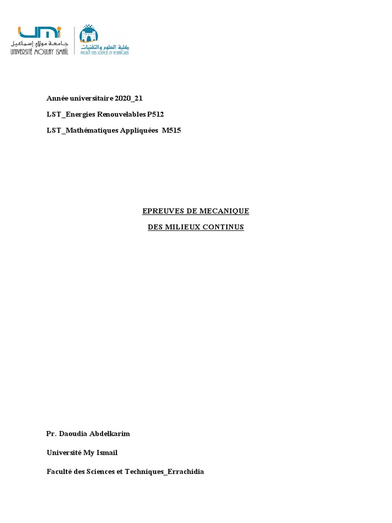 Exams MMC Complet-1 | PDF | Mécanique des milieux continus | Tenseur