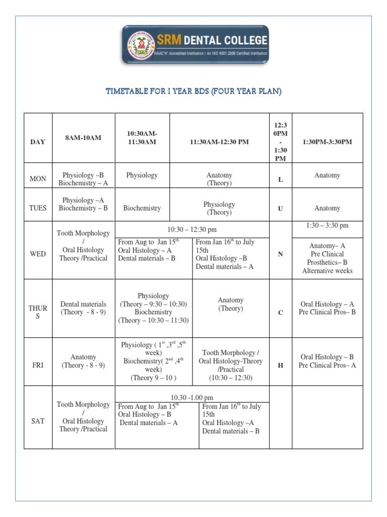 Timetable For I Year BDS Four Year Plan | PDF | Dental Degree ...