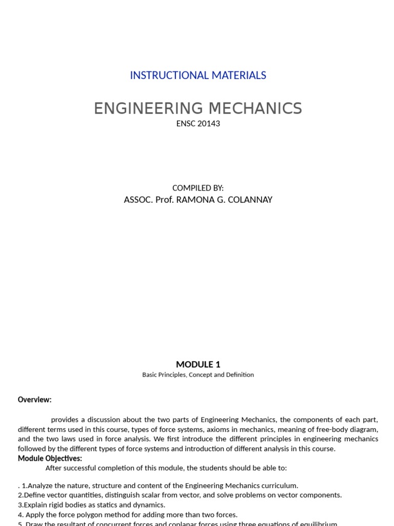 IMs Eng Mechanics ENSC 20143 1ST SEM 21 22 1 3 | PDF | Euclidean Vector | Beam (Structure)