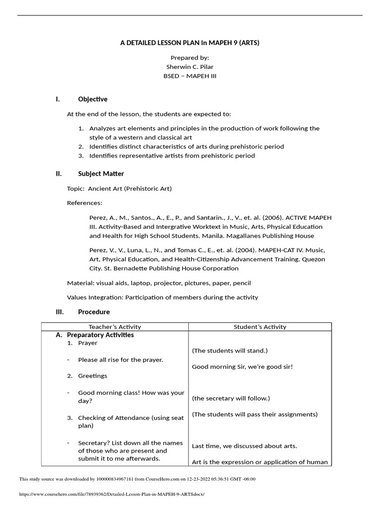 Detailed Lesson Plan in MAPEH 9 ARTS | PDF