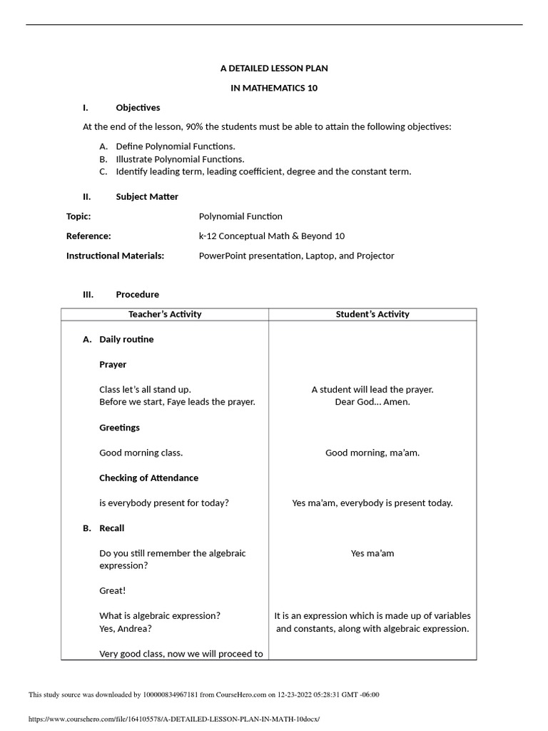 A Detailed Lesson Plan in Math 10 | PDF | Polynomial | Variable ...
