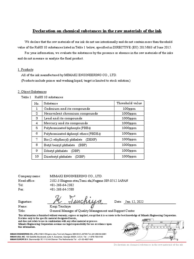 RoHS Non-Inclusion Declaration - 2022 | PDF | Environmental Issues ...