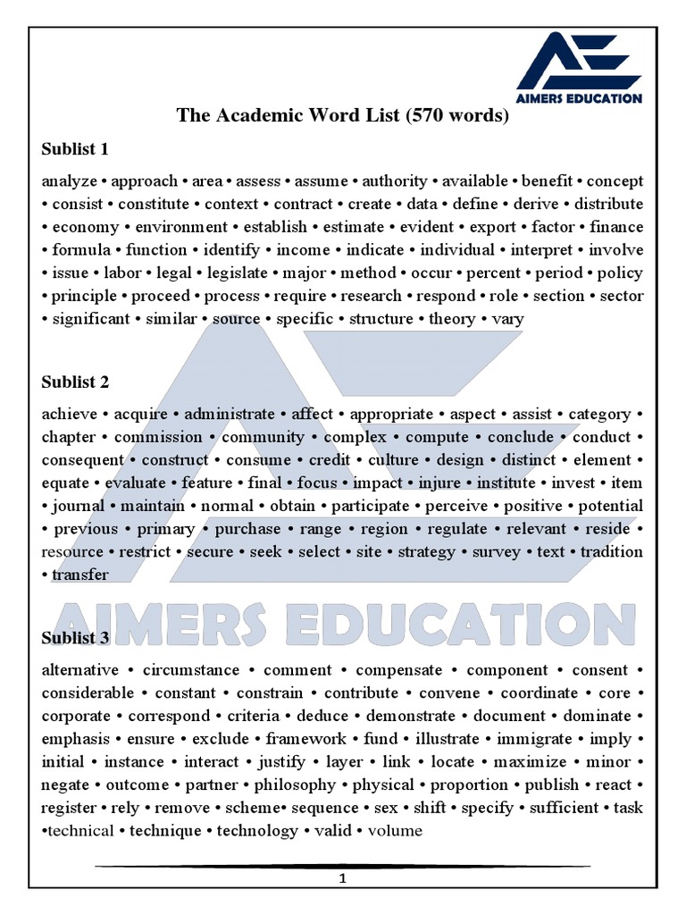 The Academic Word List (570 Words) : Sublist 1 | PDF | Evaluation
